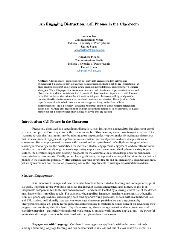 (PDF) An Engaging Distraction: Cell Phones in the Classroom