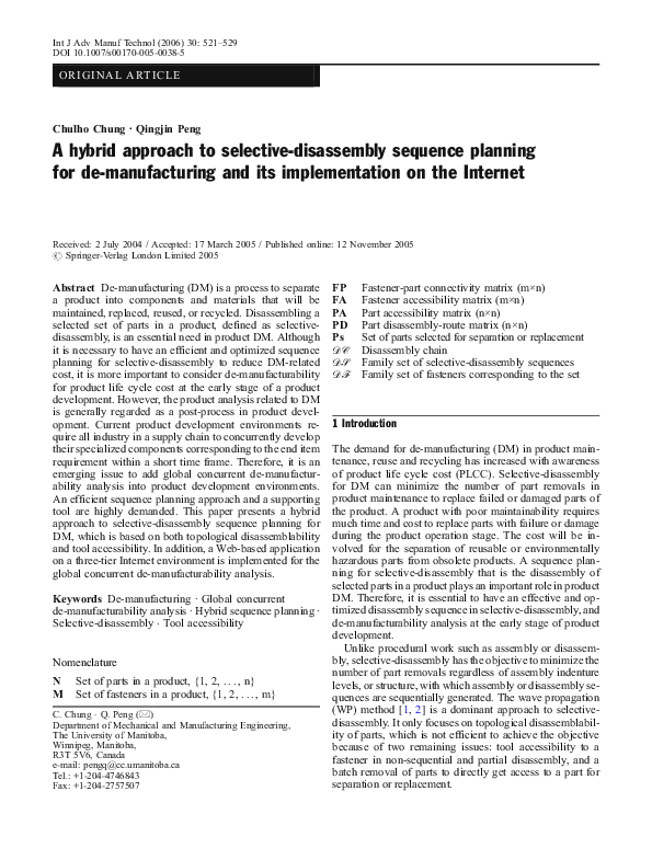 (PDF) A hybrid approach to selective-disassembly sequence planning for de-manufacturing and its ...