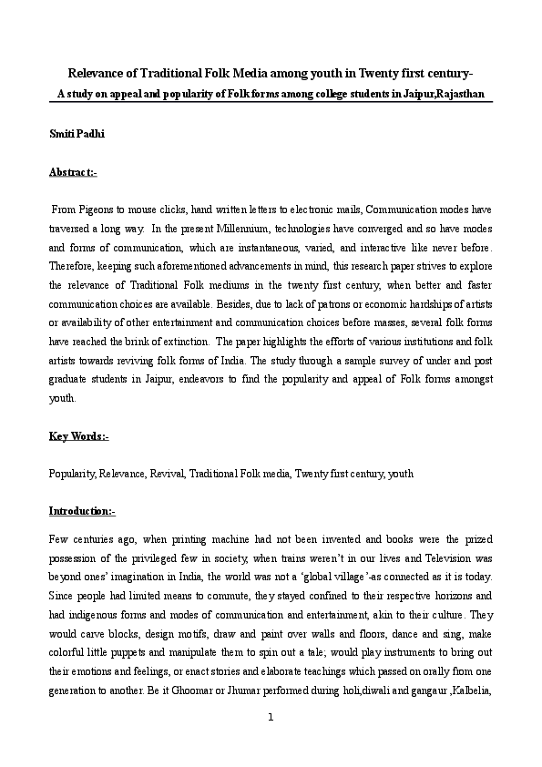 (DOC) Relevance of Traditional Folk Media among youth in Twenty first ...