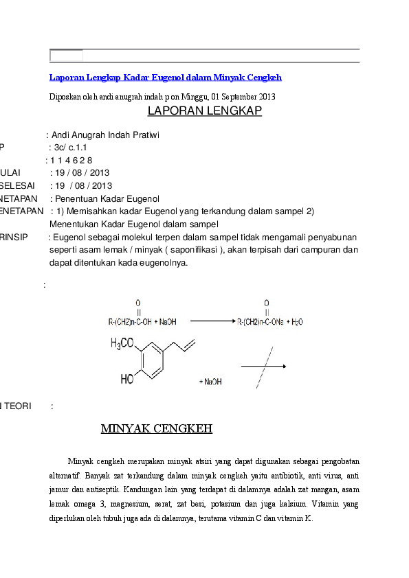 (DOC) Laporan Lengkap Kadar Eugenol dalam Minyak Cengkeh