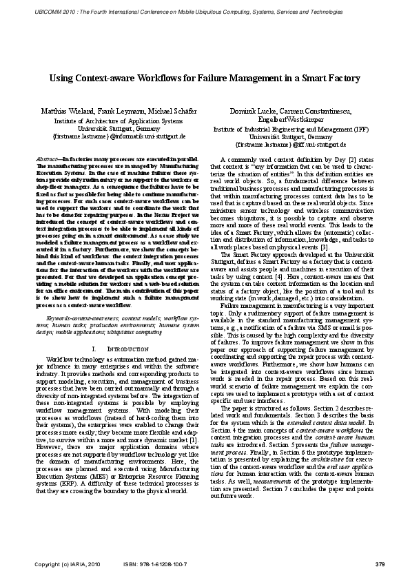 (PDF) Using Context-aware Workflows for Failure Management in a Smart Factory