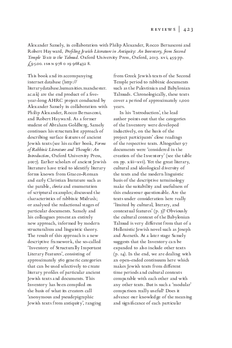 (PDF) "Review of: Alexander Samely et al., Profiling Jewish Literature ...