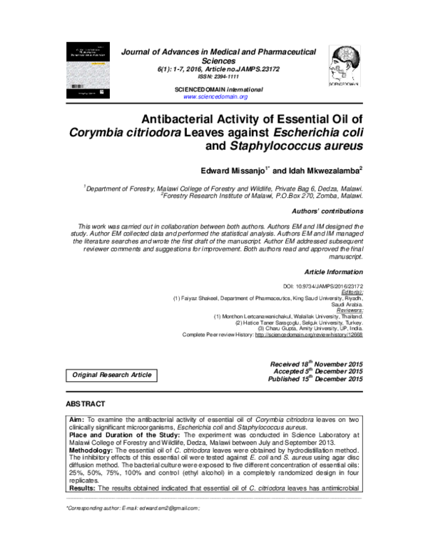 (PDF) Antibacterial Activity of essential oil of Corymbia citriodora Leaves against Escherichia ...