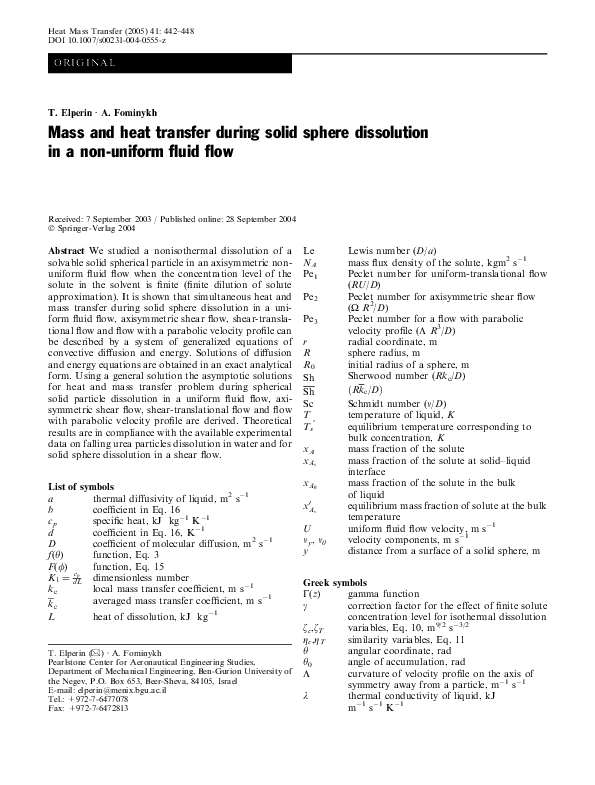 (PDF) Mass and heat transfer during solid sphere dissolution in a non ...
