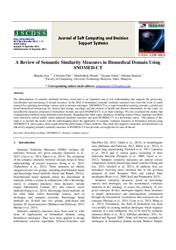 Pdf A Review Of Semantic Similarity Measures In Biomedical Domain