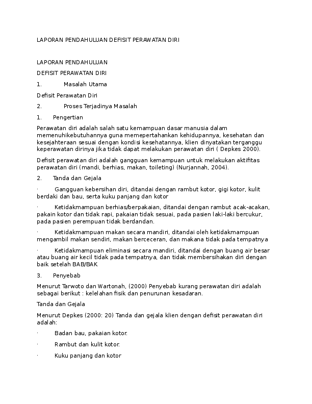 (DOC) LAPORAN PENDAHULUAN DEFISIT PERAWATAN DIRI