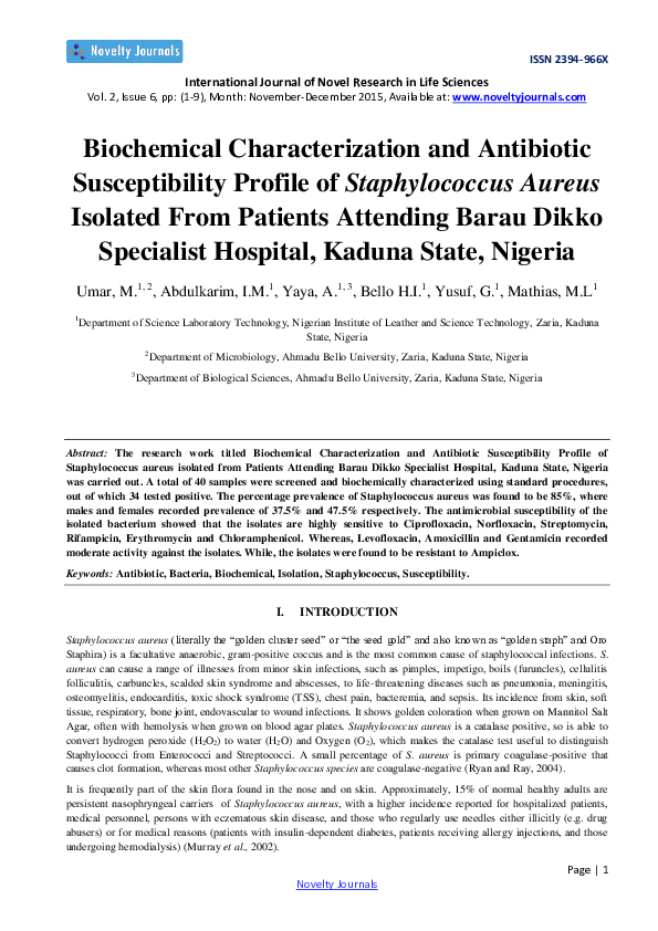 Pdf Biochemical Characterization And Antibiotic Susceptibility Profile Of Staphylococcus