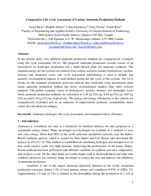 (PDF) Comparative Life Cycle Assessment of Various Ammonia Production Methods