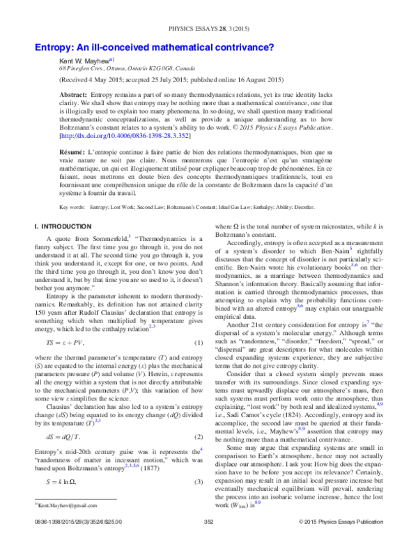 (PDF) Entropy: An ill-conceived mathematical contrivance?