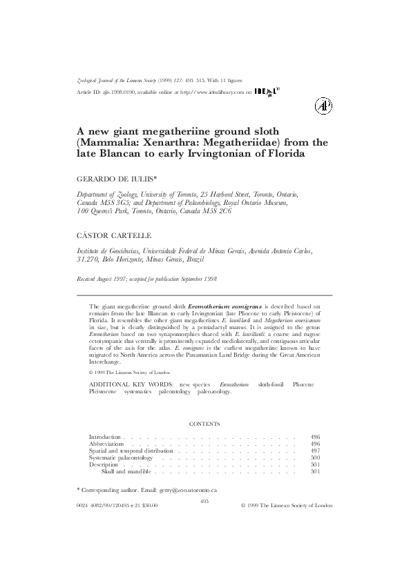 (PDF) A new giant megatheriine ground sloth (Mammalia: Xenarthra ...