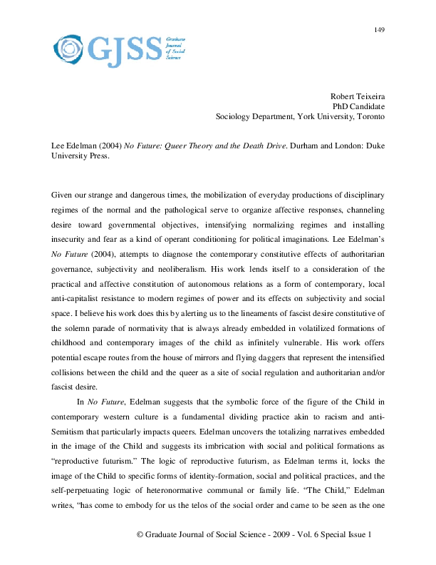 (PDF) Review Essay / Lee Edelman, No Future: Queer Theory and the Death ...