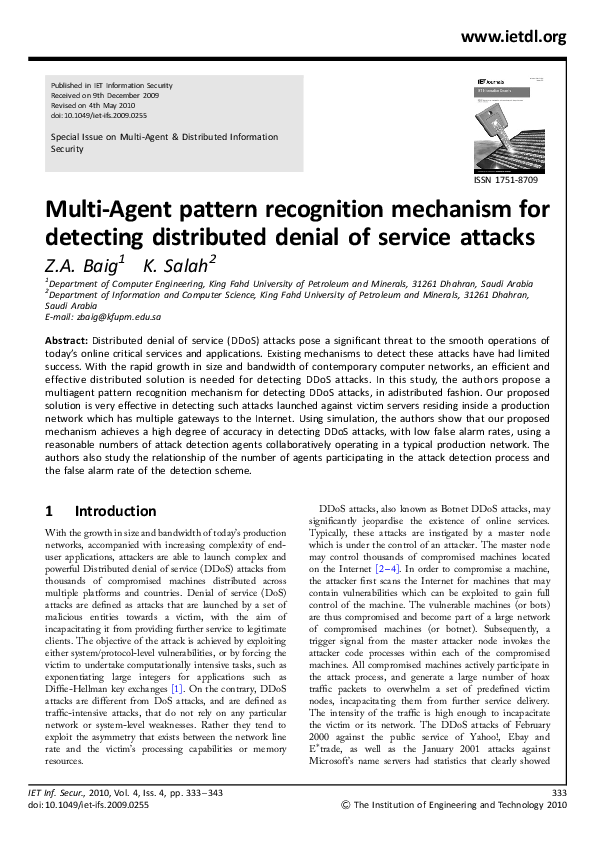 (PDF) Multi-Agent pattern recognition mechanism for detecting distributed denial of service ...