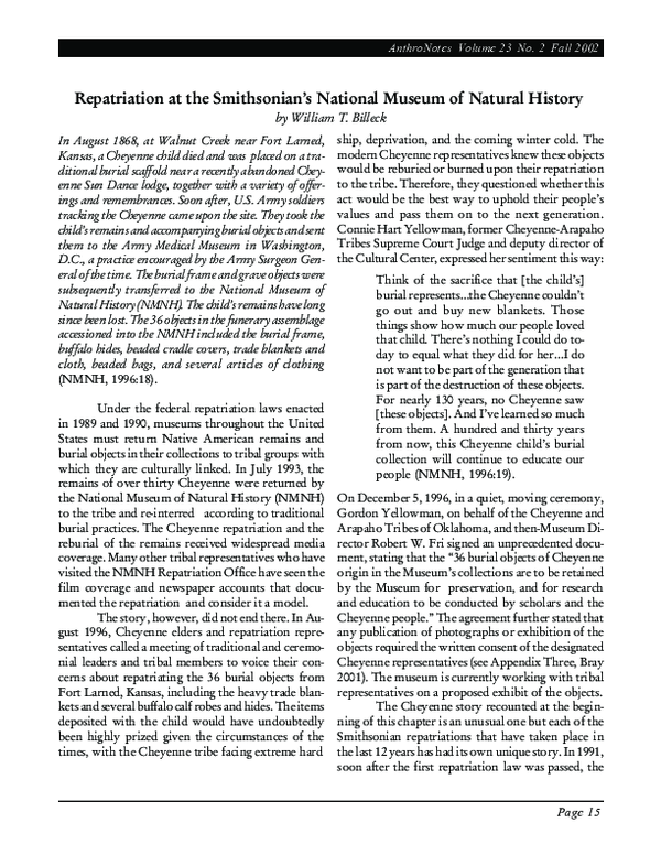 (PDF) Repatriation at the Smithsonian’s National Museum of Natural History
