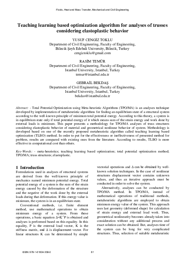 (PDF) Teaching learning based optimization algorithm for analyses of trusses considering ...
