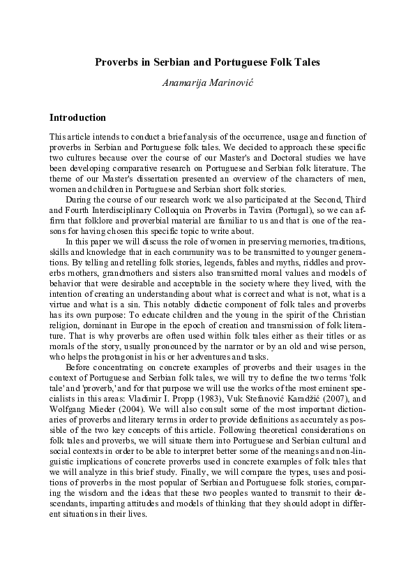 (PDF) Uses and Functions of proverbs in Portuguese and Serbian folktales