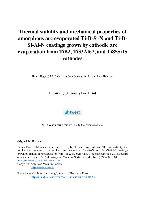 (PDF) Thermal stability and mechanical properties of amorphous arc evaporated Ti-B-Si-N and Ti-B ...
