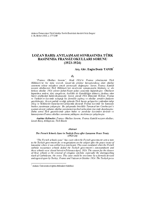 (PDF) Lozan Barış Antlaşması Sonrasında Türk Basınında Fransız Okulları Sorunu (1923-1924)