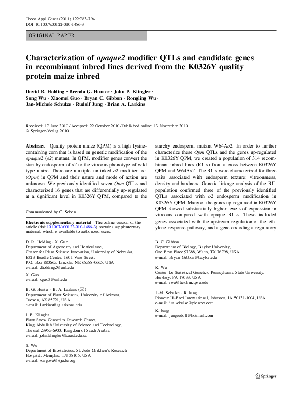 (PDF) Characterization of opaque2 modifier QTLs and candidate genes in recombinant inbred lines ...