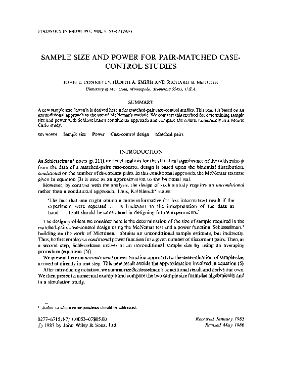 (PDF) Sample size and power for pair-matched case-control studies