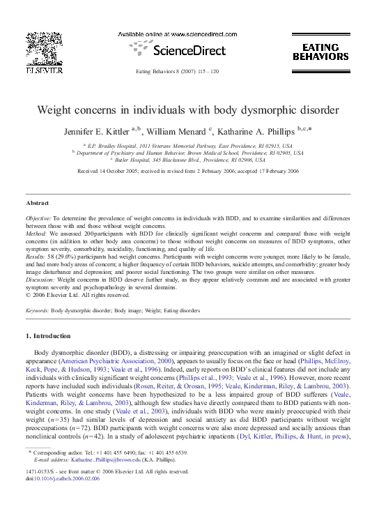 (PDF) Weight concerns in individuals with body dysmorphic disorder