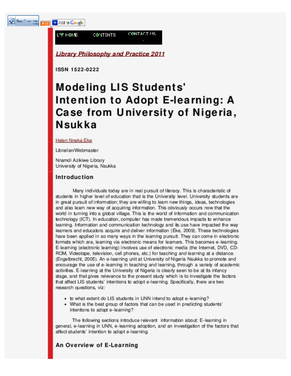 (PDF) Modeling LIS Students' Intention to Adopt E-learning: A Case from University of Nigeria ...