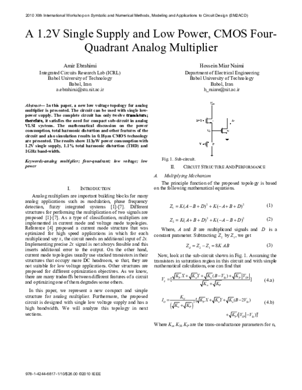 (PDF) A 1.2V Single Supply and Low Power, CMOS Four Quadrant Analog Multiplier
