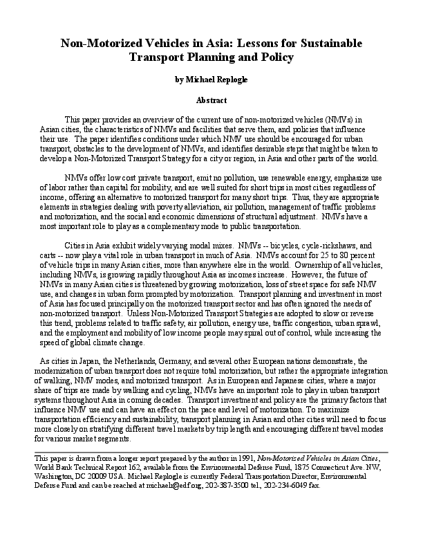 (PDF) Non-motorized vehicles in Asia: Lessons for sustainable transport ...