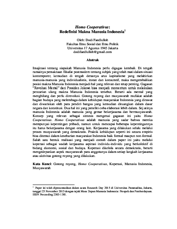 (PDF) Homo Cooperativus: Redefinisi Makna Manusia Indonesia | Dodi ...