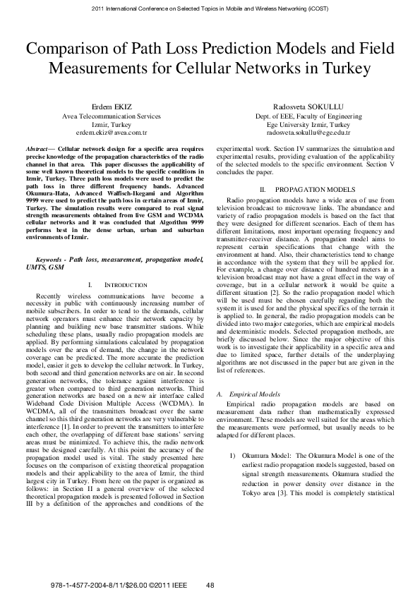 Pdf Comparison Of Path Loss Prediction Models And Field Measurements For Cellular Networks In