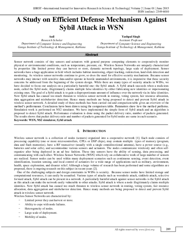 (PDF) A Study on Efficient Defense Mechanism against Sybil Attack in WSN