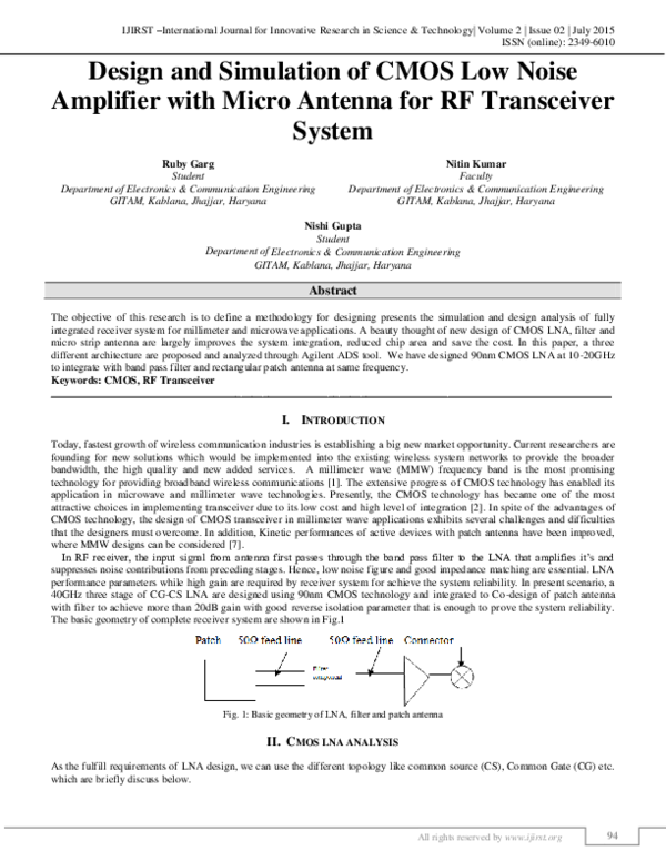 Pdf Design And Simulation Of Cmos Low Noise Amplifier With Micro