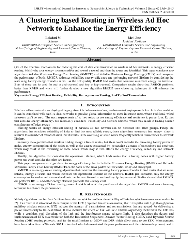 Pdf A Clustering Based Routing In Wireless Ad Hoc Network To Enhance The Energy Efficiency