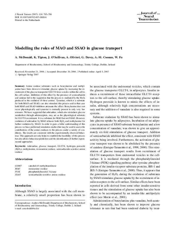 (PDF) Modelling the roles of MAO and SSAO in glucose transport