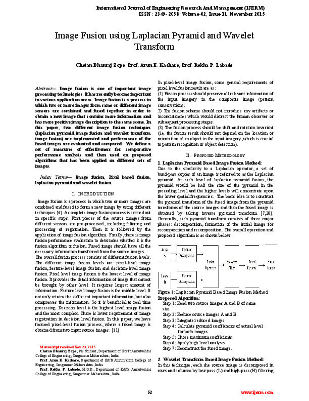 Pdf Image Fusion Using Laplacian Pyramid And Wavelet Transform