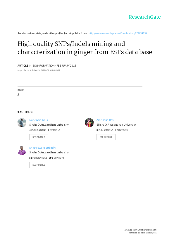 (PDF) High quality SNPs/Indels mining and characterization in ginger from ESTs data base