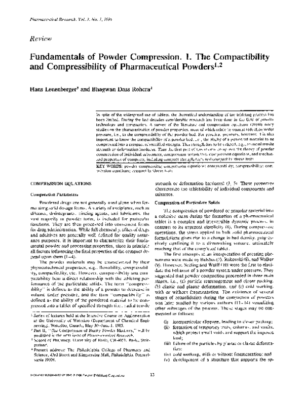 (PDF) Fundamentals of powder compression. I. The compactibility and ...