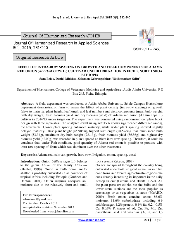 Pdf Effect Of Intra Row Spacing On Growth And Yield Components Of