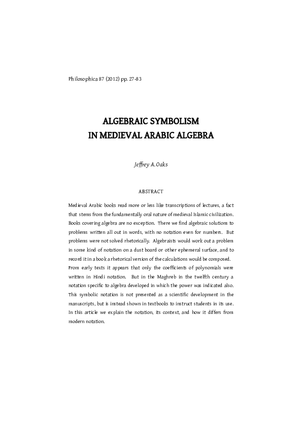 (PDF) Algebraic symbolism in medieval Arabic algebra