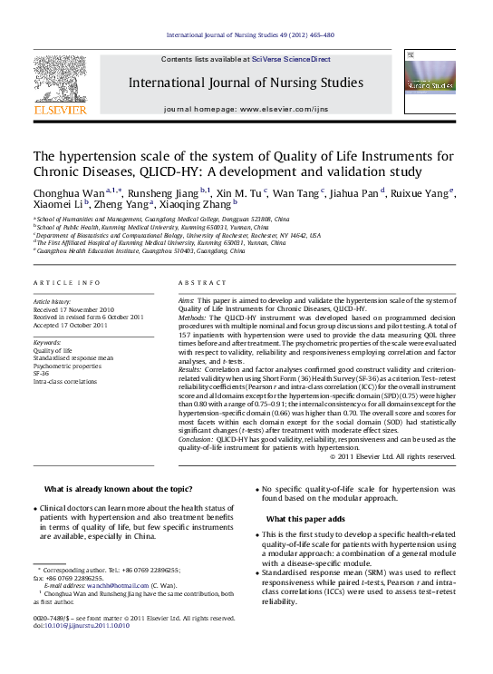(PDF) The hypertension scale of the system of Quality of Life Instruments for Chronic Diseases ...