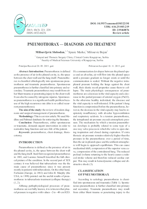 PNEUMOTHORAX- DIAGNOSIS AND TREATMENT