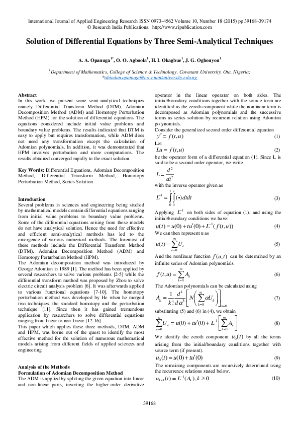 (PDF) Solution of Differential Equations by Three Semi-Analytical Techniques