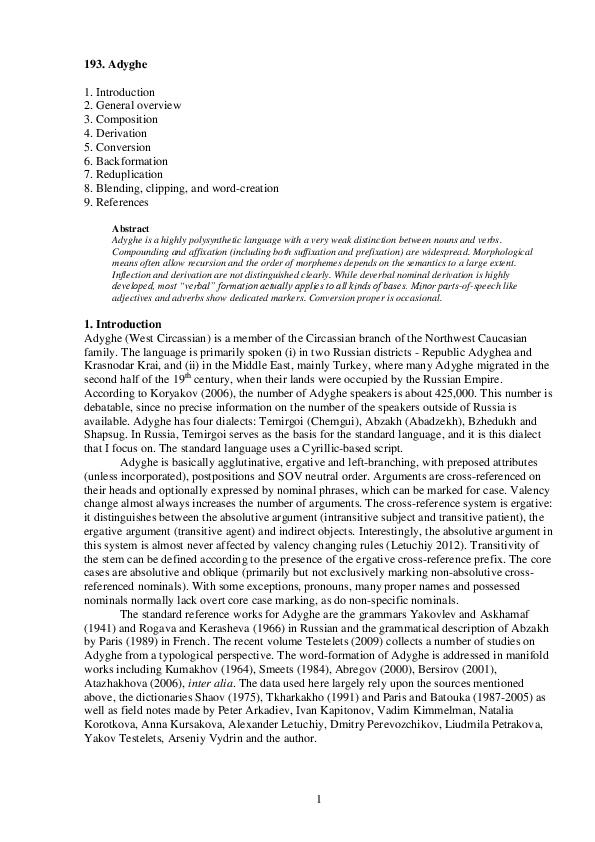 To appear (2013 ms.). [Word formation in] Adyghe (corrected version)