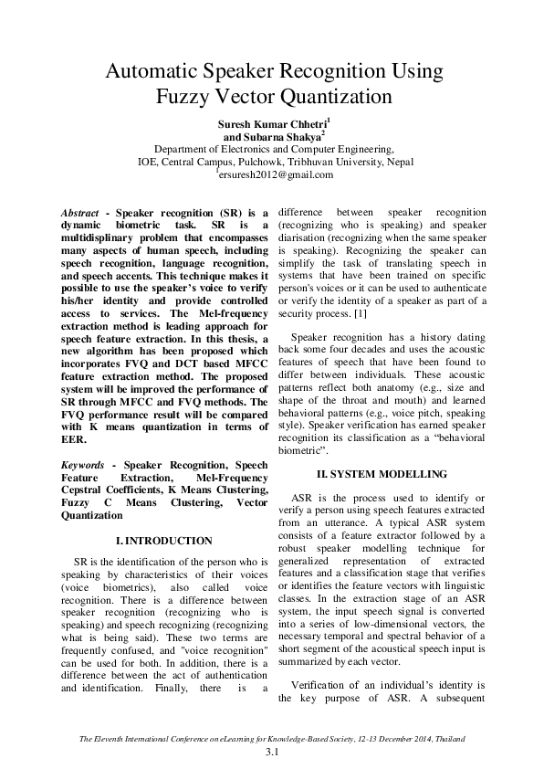 (PDF) Automatic Speaker Recognition Using Fuzzy Vector Quantization