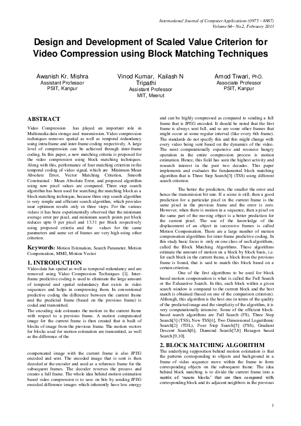 (PDF) Design and Development of Scaled Value Criterion for Video Compression using Block ...