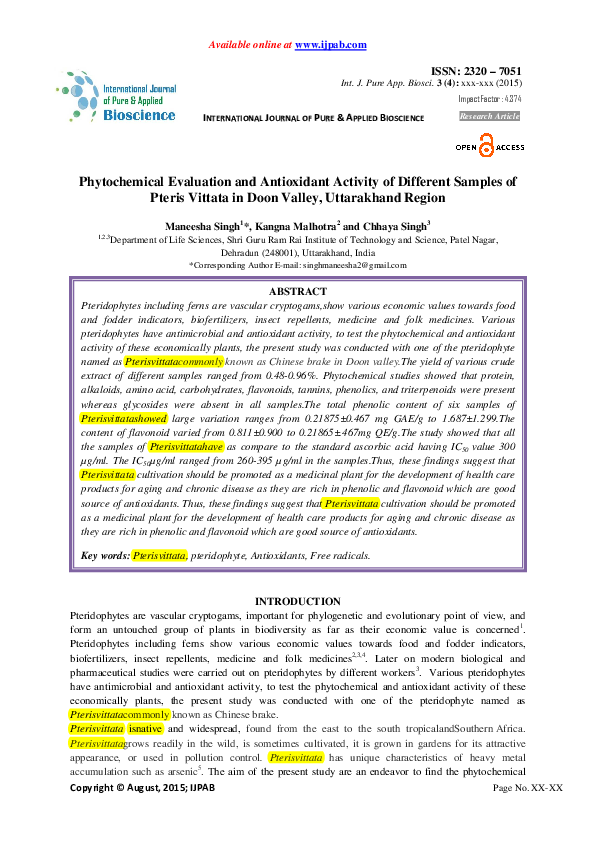 (PDF) Phytochemical Evaluation and Antioxidant Activity of Different Samples of Pteris Vittata ...