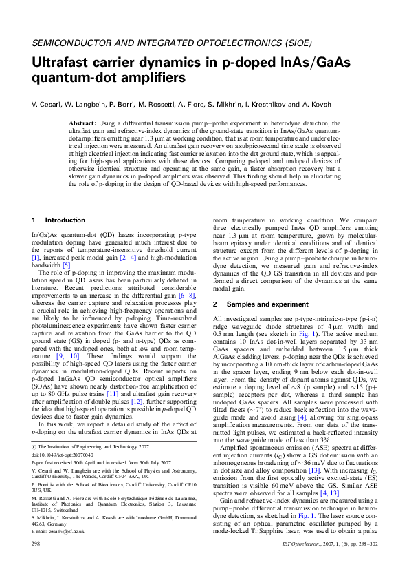 (PDF) Ultrafast carrier dynamics in p-doped InAs/GaAs quantum-dot amplifiers