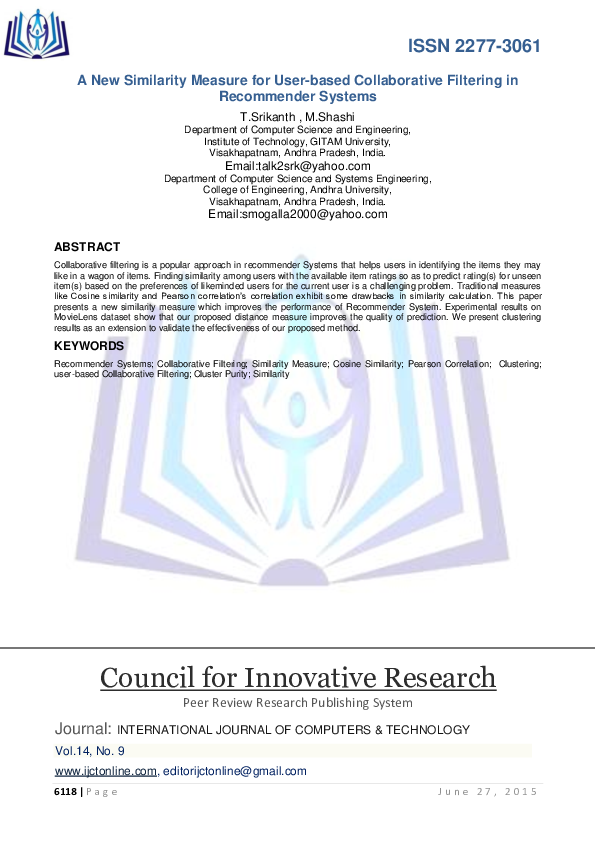 Pdf A New Similarity Measure For User Based Collaborative Filtering In Recommender Systems