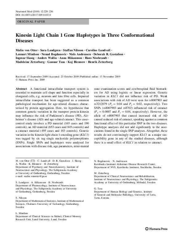(PDF) Kinesin Light Chain 1 Gene Haplotypes in Three Conformational ...