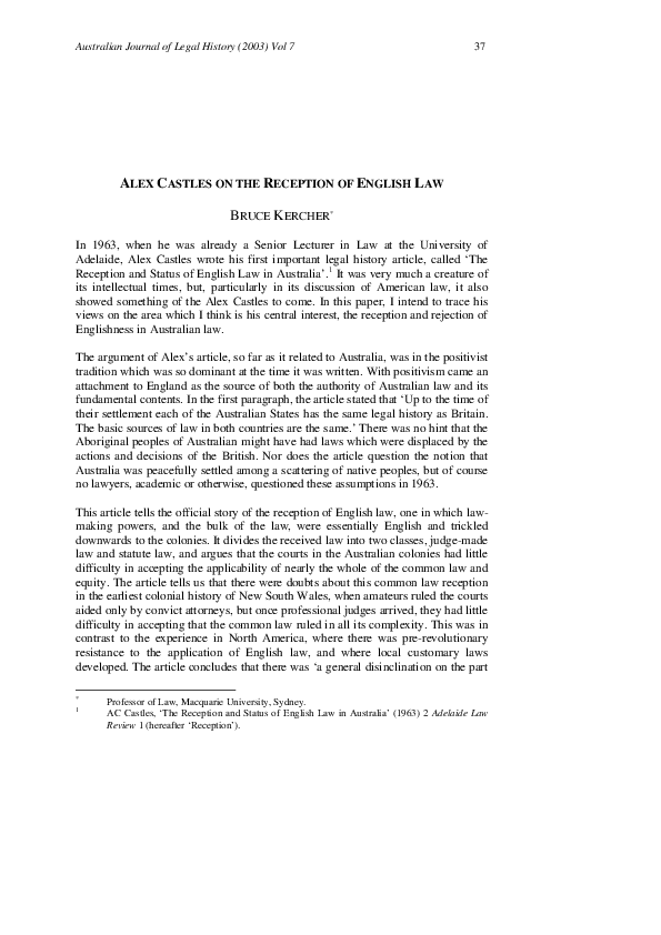 (PDF) Alex Castles on the Reception of English Law