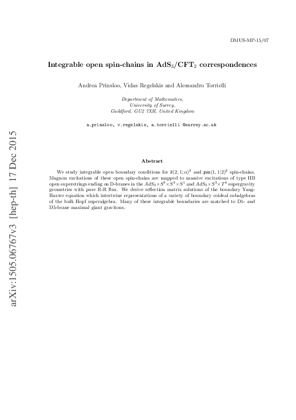 (PDF) Integrable open spin-chains in AdS3/CFT2 correspondences